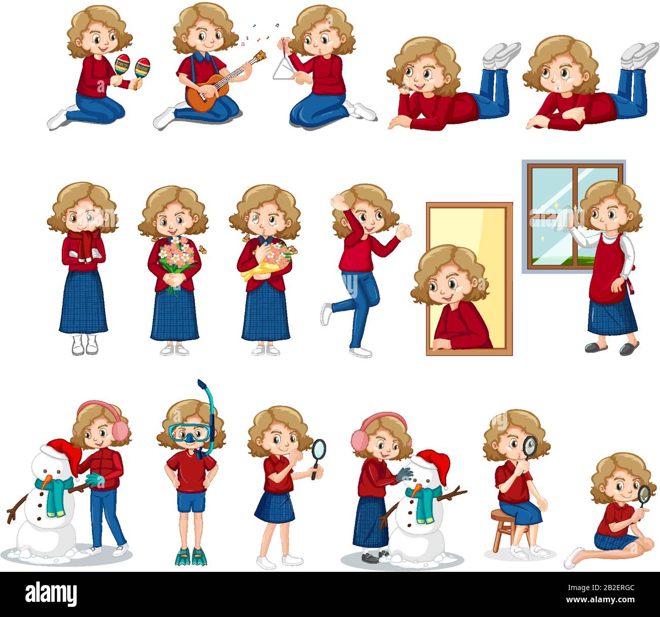 Set of cute girl doing different activities illustration Stock Vector ...
