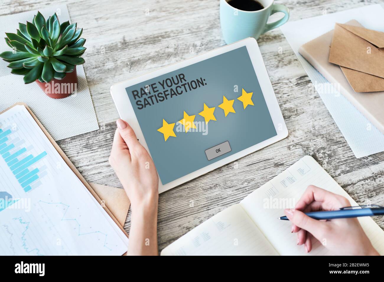 Rate your experience. Customer satisfaction review. Five star on device ...