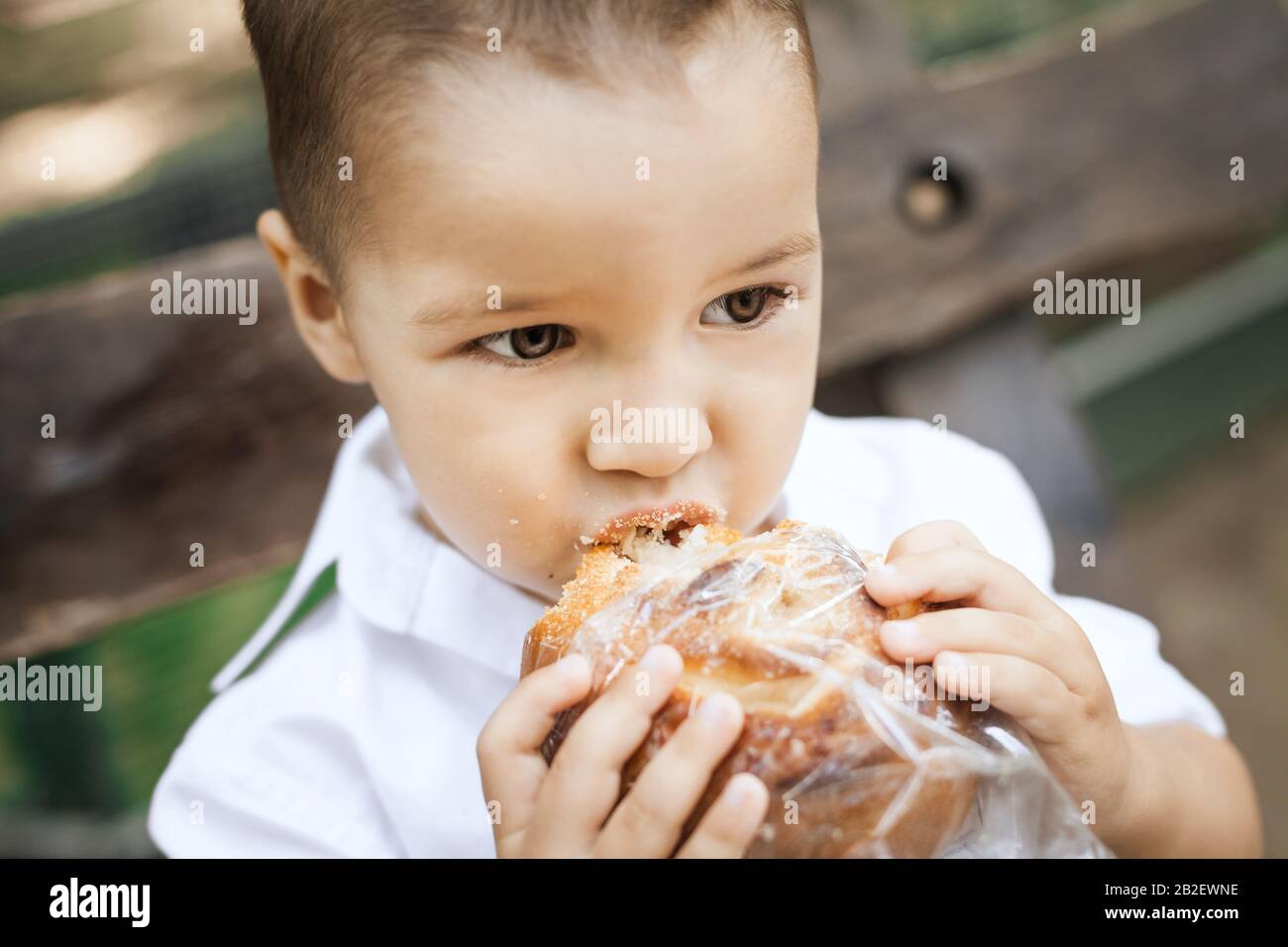 little boy eating a bun Stock Photo - Alamy