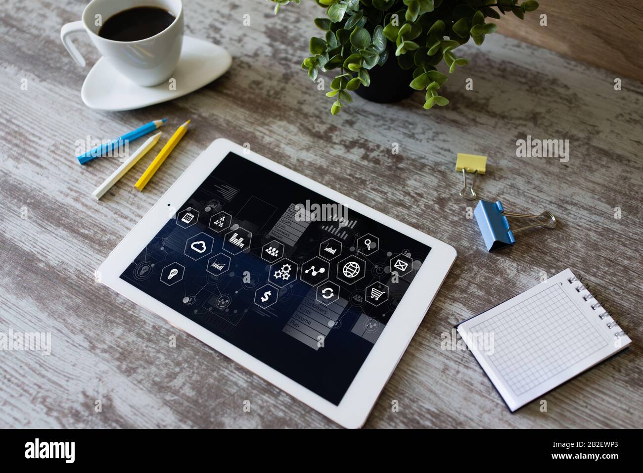 Business and technology concept. Virtual control panel on device screen ...