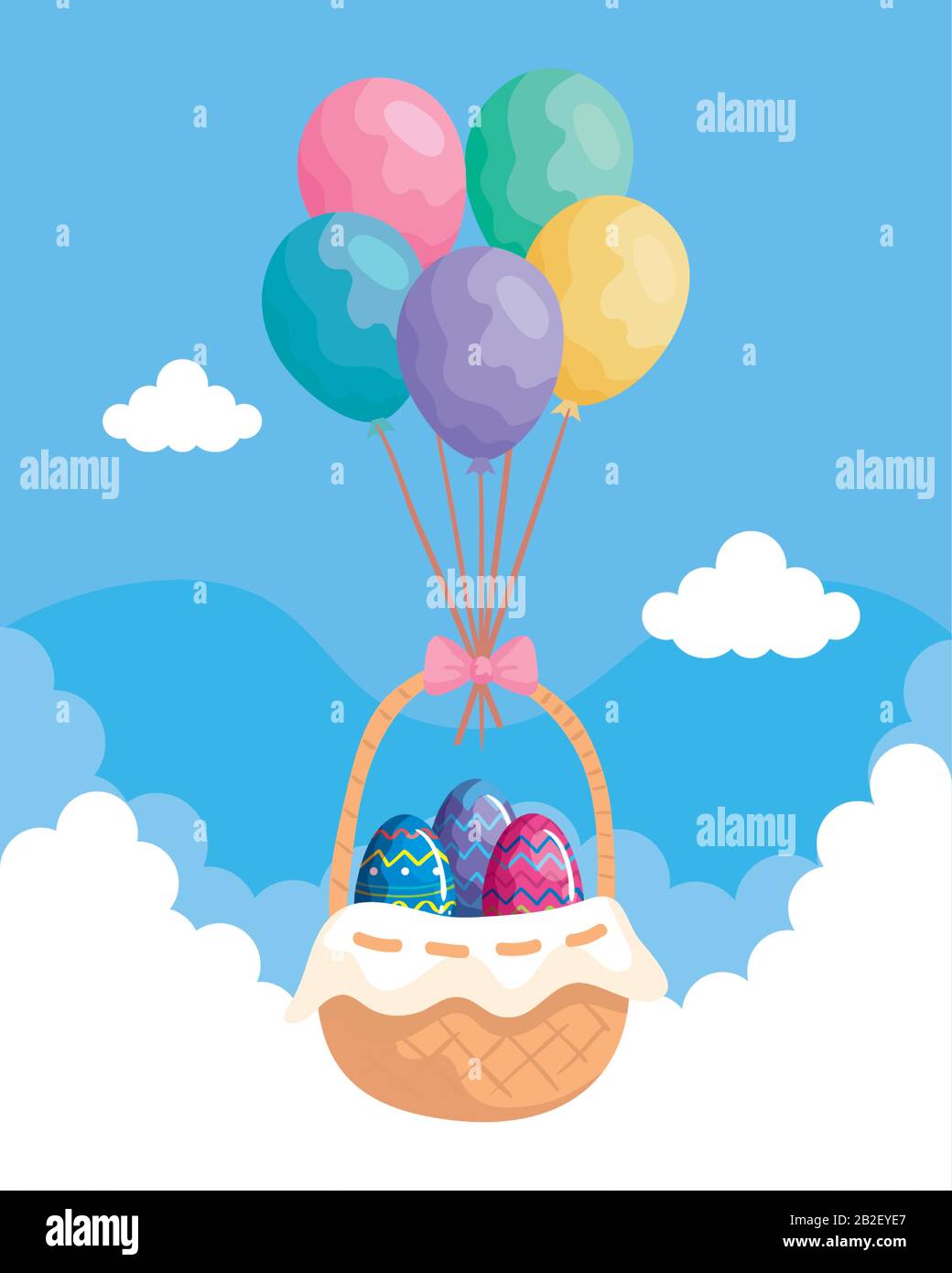 cute eggs in basket wicker with balloons helium Stock Vector Image ...
