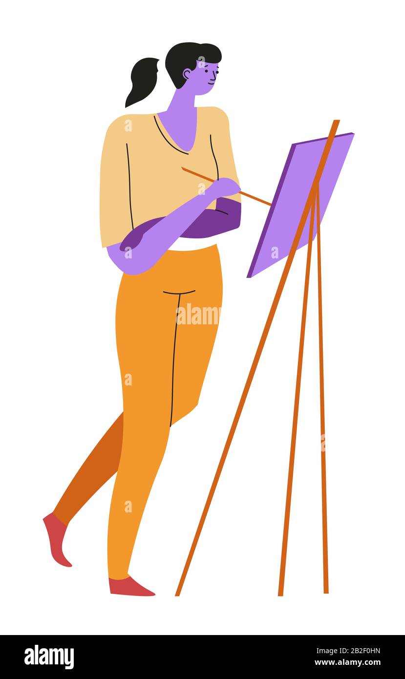 Woman painting on canvas and easel, isolated female character Stock ...