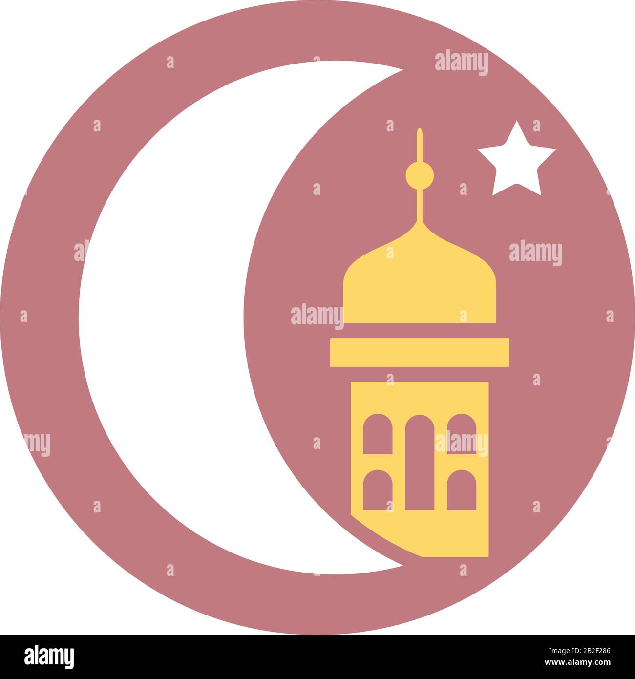 half moon with islamic mosque and star over white background, block ...