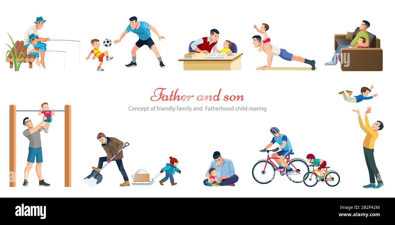 Fatherhood child-rearing playing walking fishing with kids retro ...