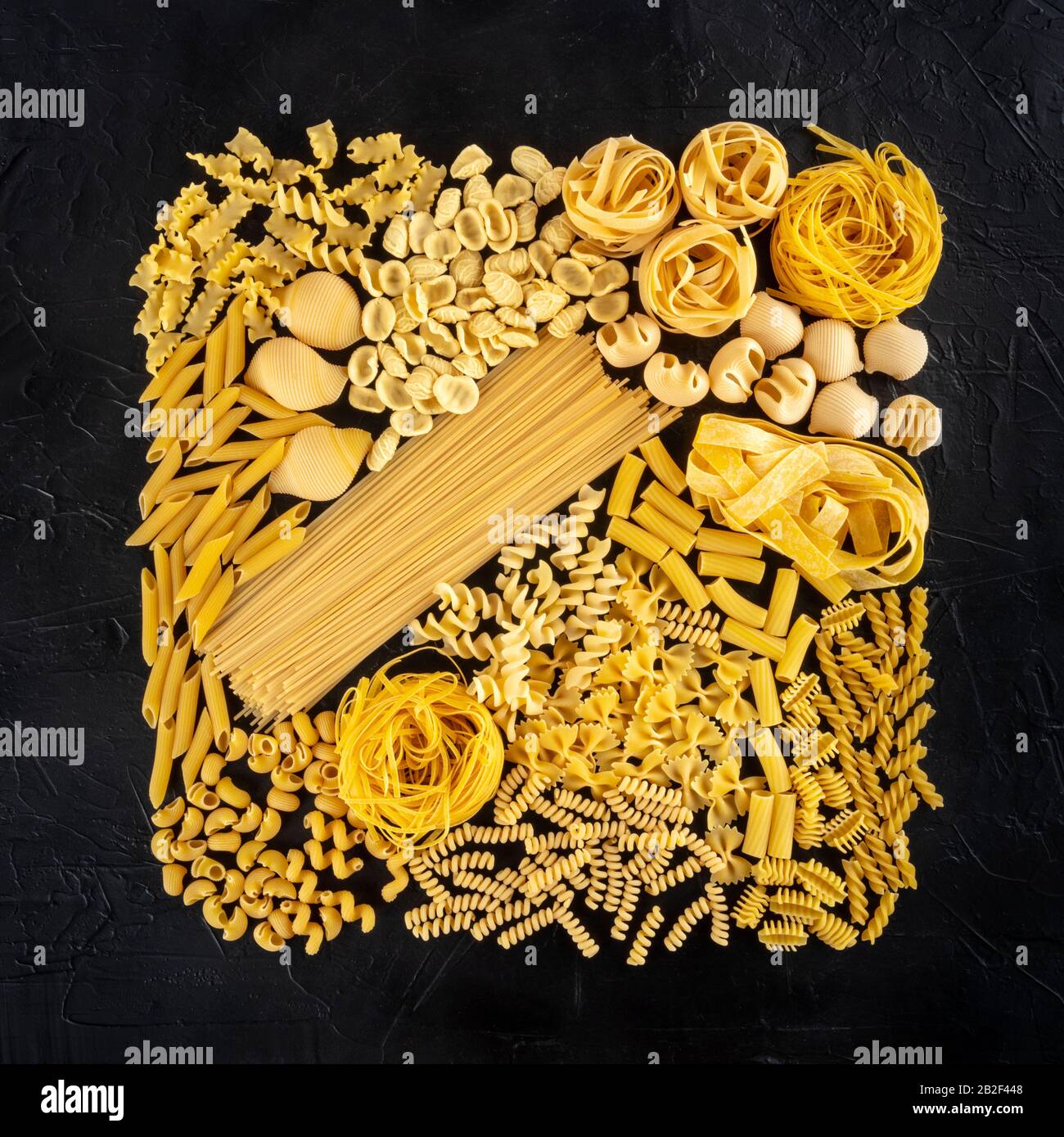 Italian pasta assortment, a square flat lay of many different pasta ...
