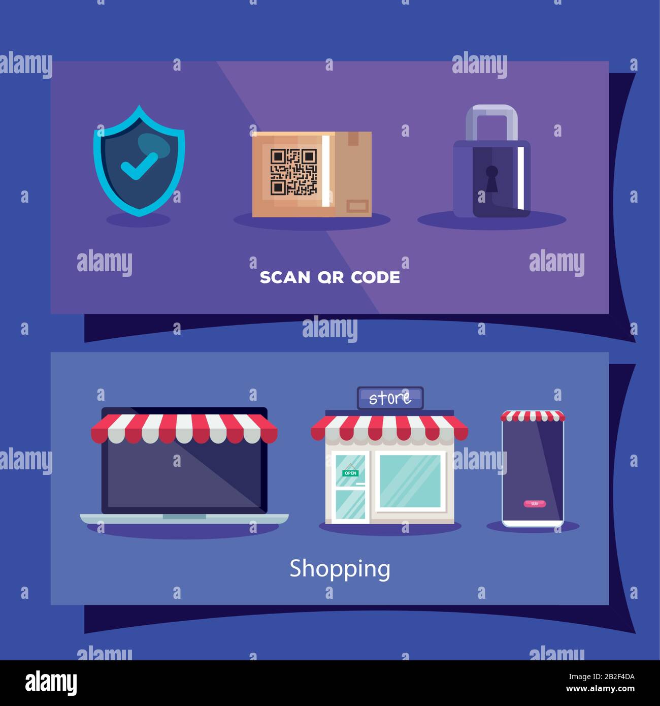 qr code box shield padlock laptop store and smartphone vector design ...