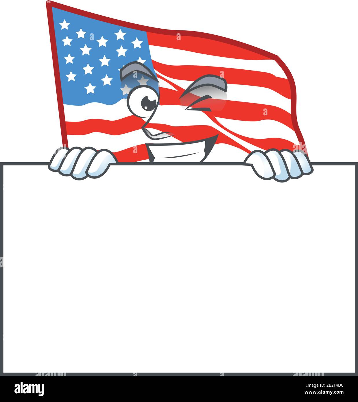 USA flag cartoon character with funny face hides behind a board Stock ...