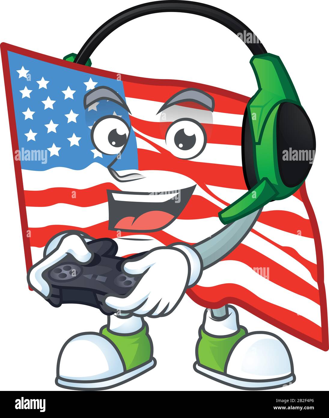 USA flag cartoon picture play a game with headphone and controller ...
