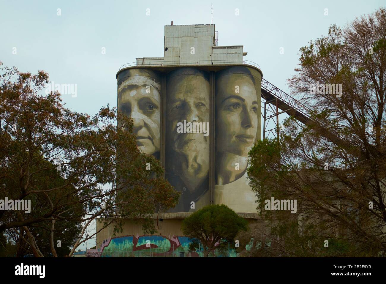 A silo mural by the artist Rone, part of a public art project. In ...