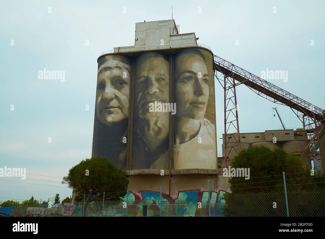 A silo mural by the artist Rone, part of a public art project. In ...