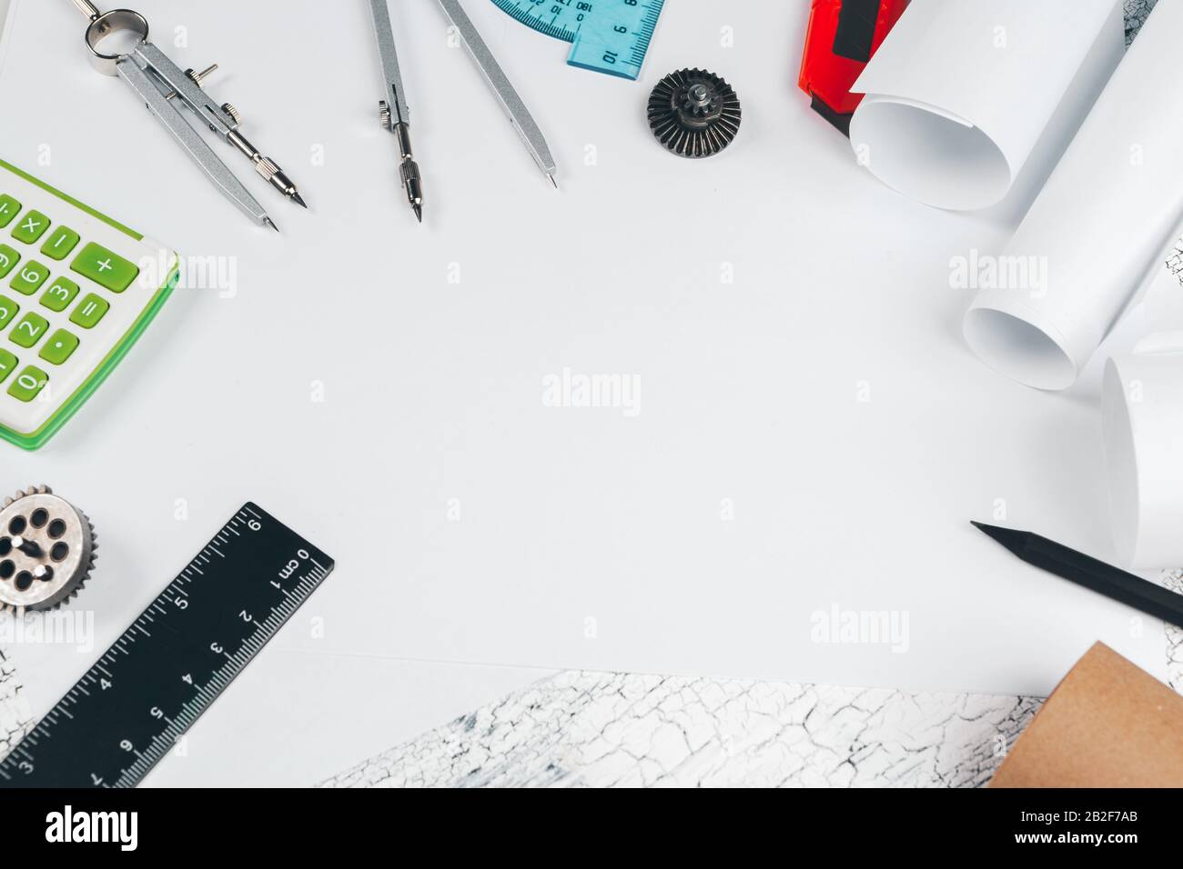 Drawing desk with tools for drawing top view Stock Photo - Alamy