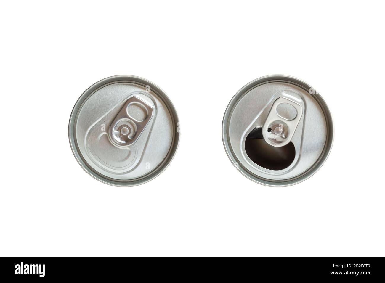 Top view close and open cap of beer or soft drink can isolated on white ...