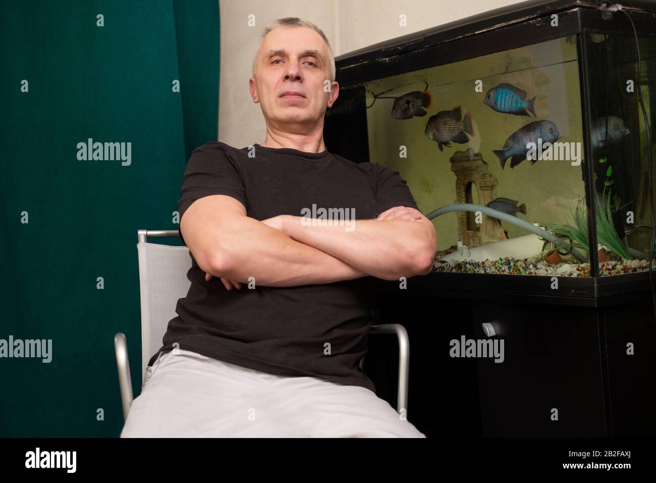 A man proudly posing next to hos fish tank, indoor portrait Stock Photo ...