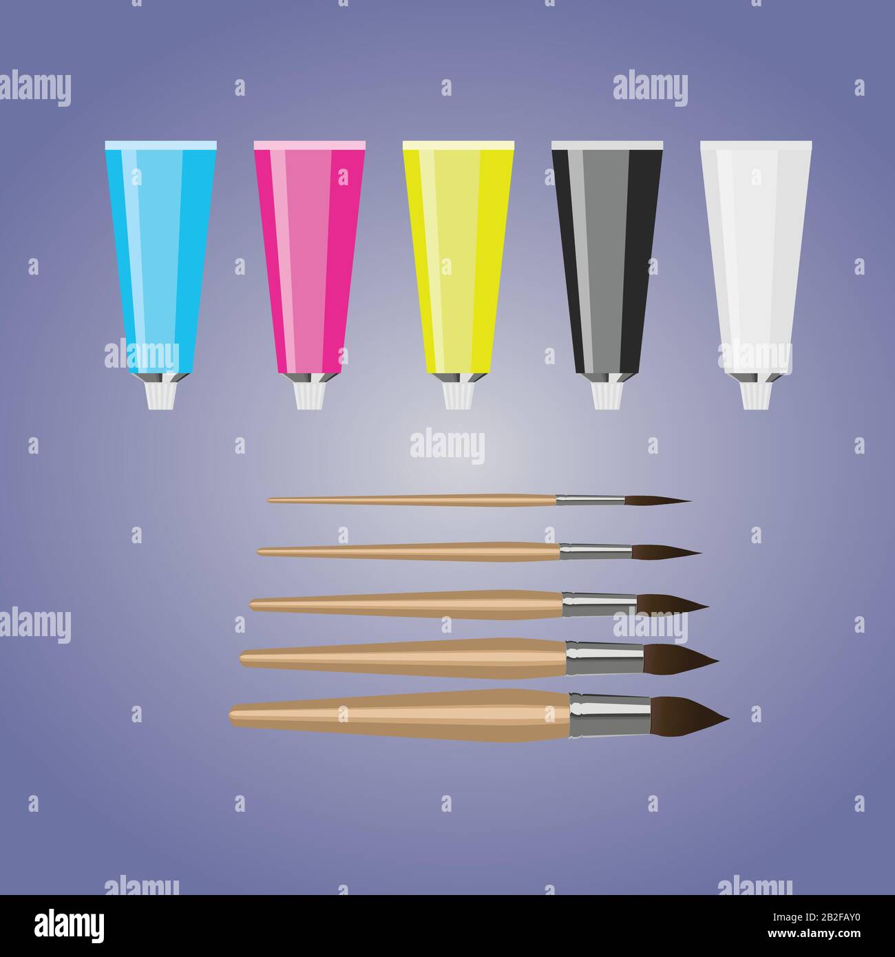Five colors of paint in tubes with five sizes of paintbrushes Stock ...