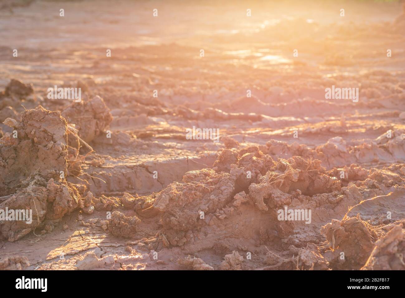 Heap of dry soil and rough mud in construction site. Shoot in sunset ...