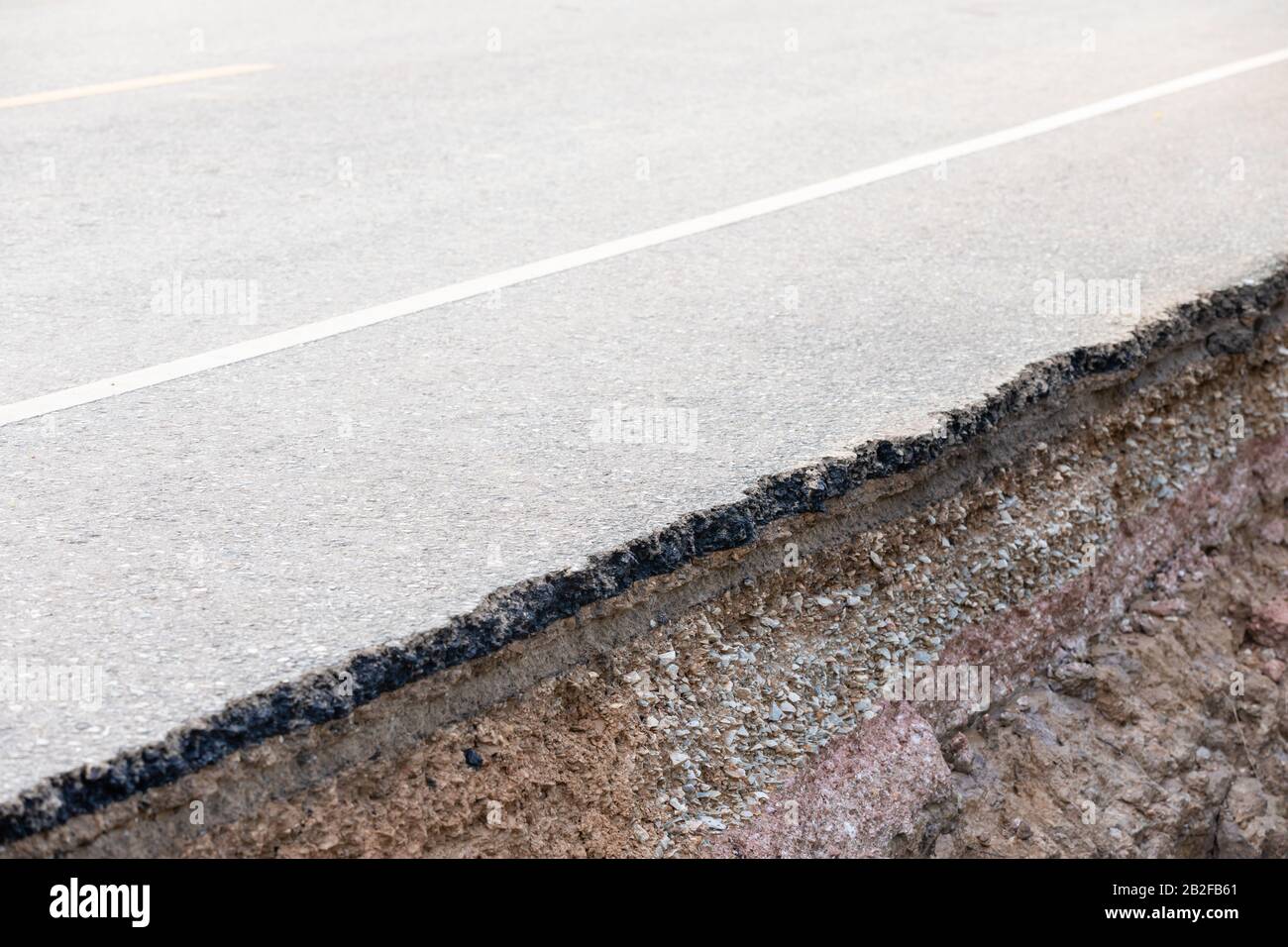 Layer of road. Damage of asphalt road at countryside cause of heavy ...