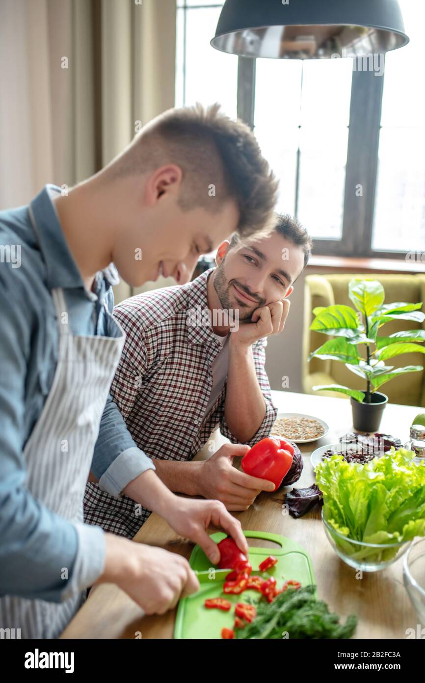Male couple in the kitchen preparing their own food Stock Photo - Alamy