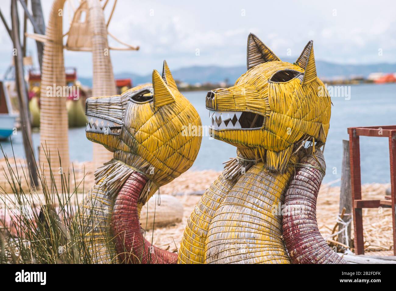 traditional cane boats with focus on crafted heads from famous Titicaca ...