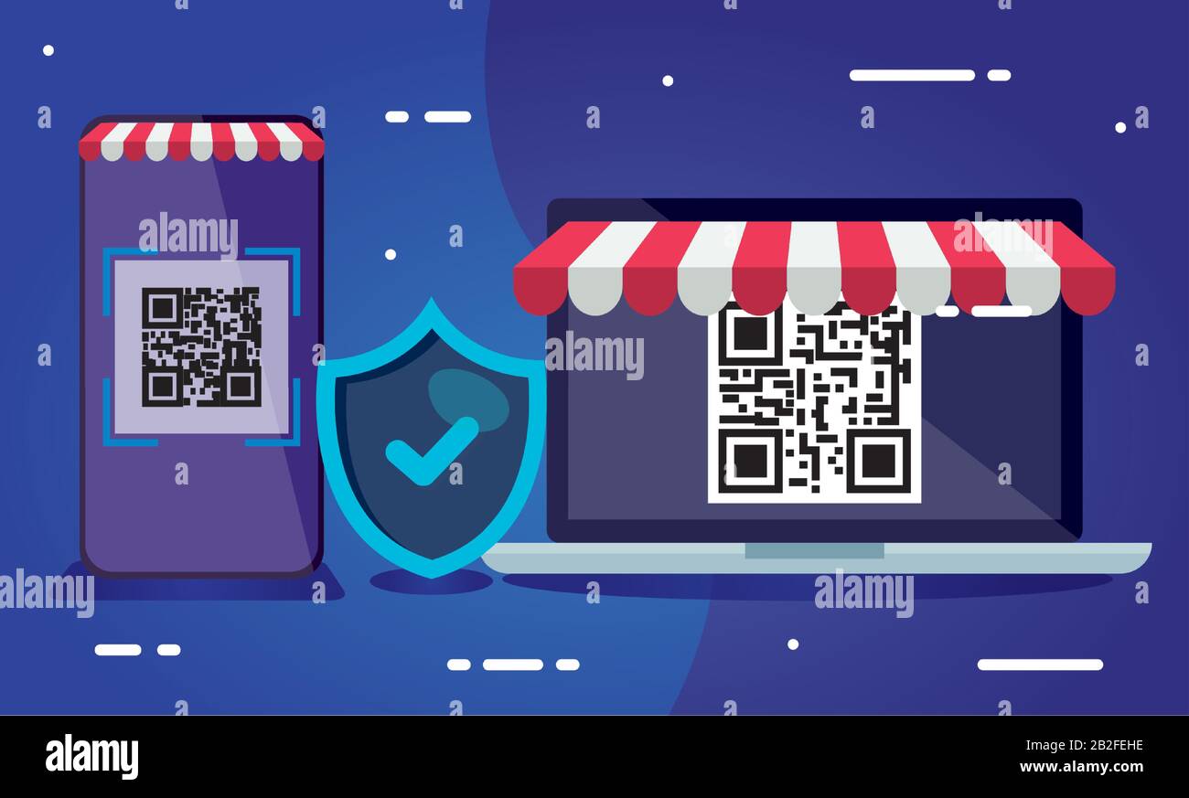 qr code laptop smartphone and shield vector design Stock Vector Image ...