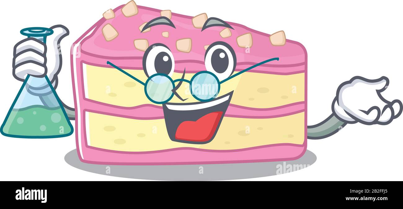 Cool strawberry slice cake Professor cartoon character with glass tube ...