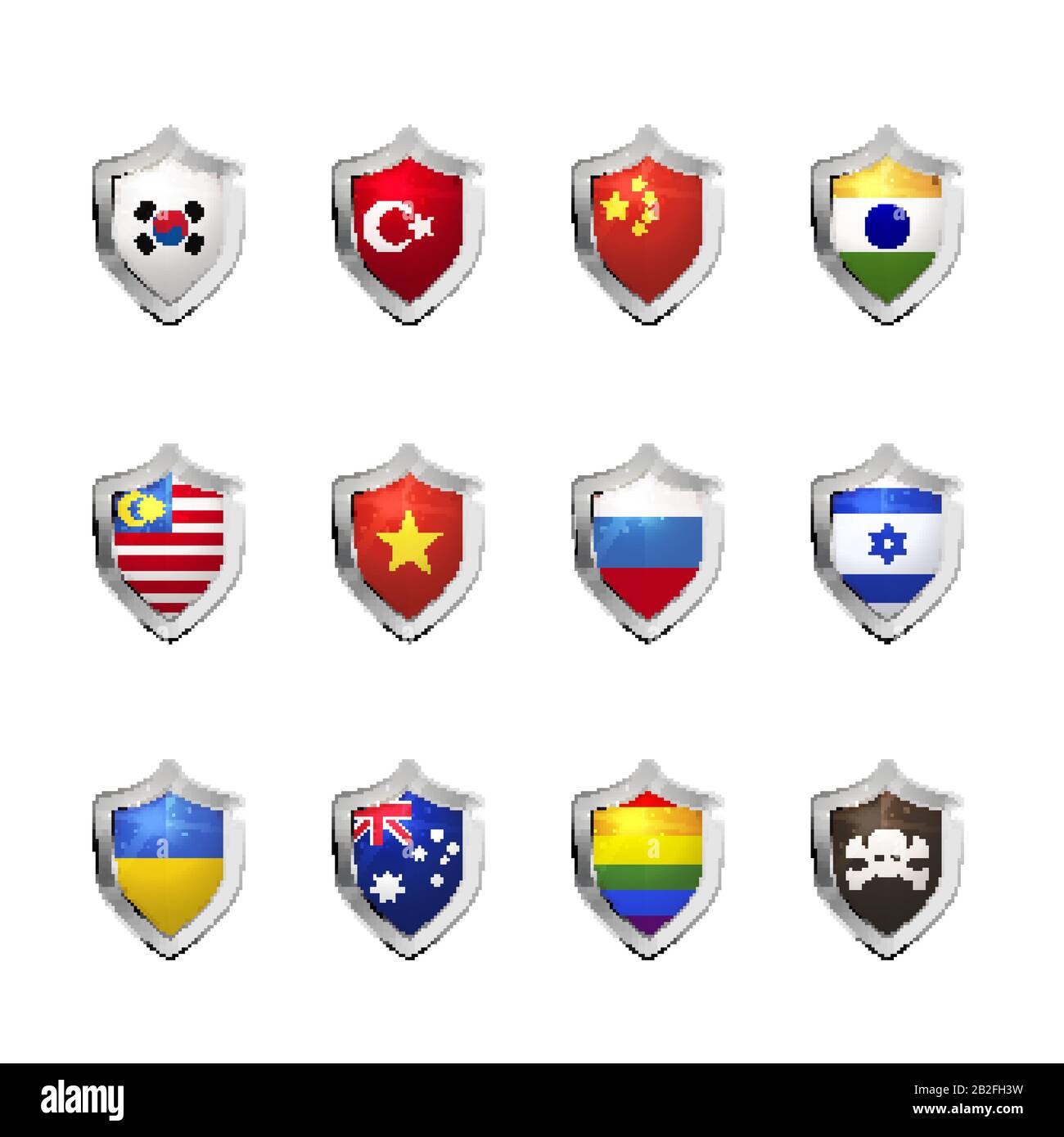 Big set of flags of sovereign states projected as a glossy shield on a ...