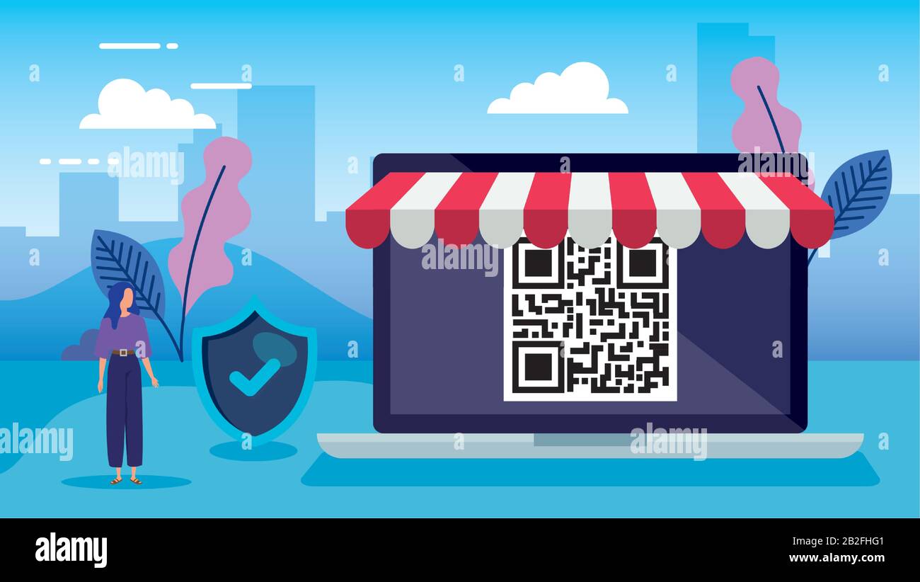 qr code inside laptop avatar woman and shield vector design Stock ...