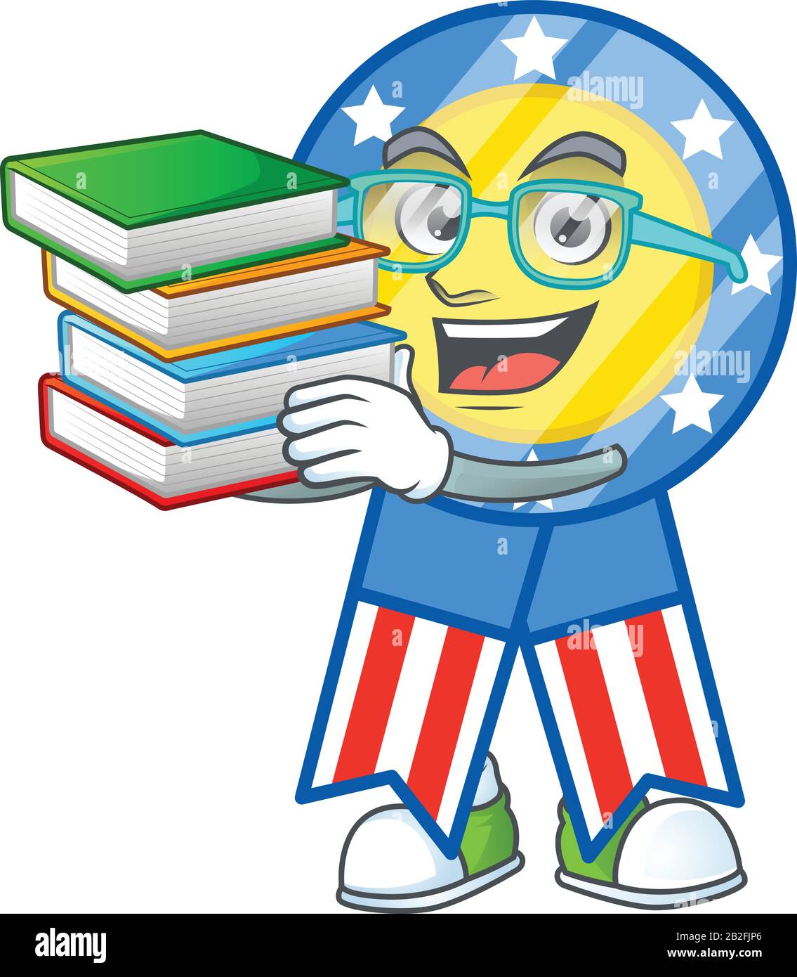 A brainy clever cartoon character of USA medal studying with some books ...