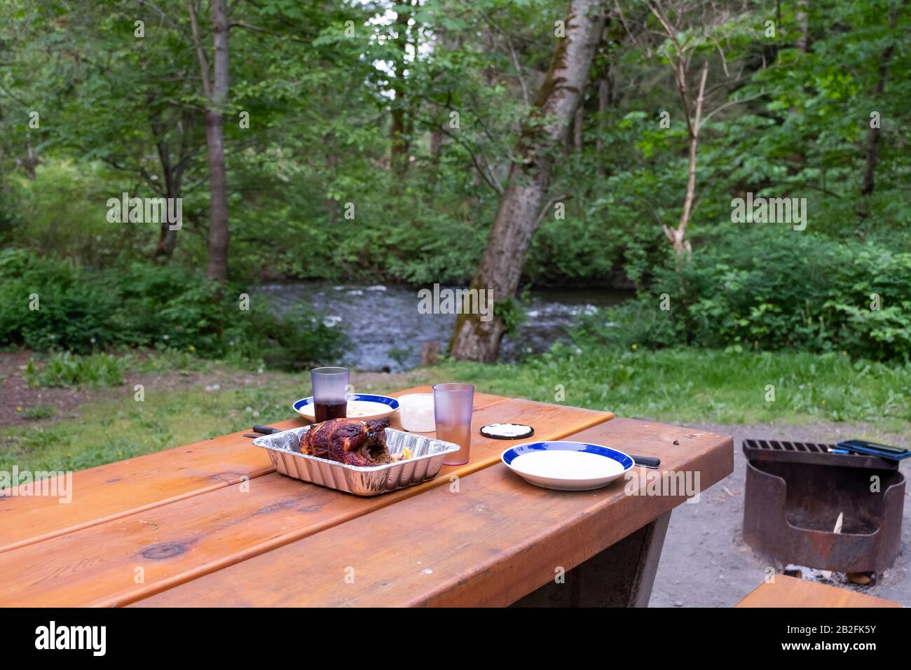 Picnic table at recreational campsite or picnic site in the woods ...