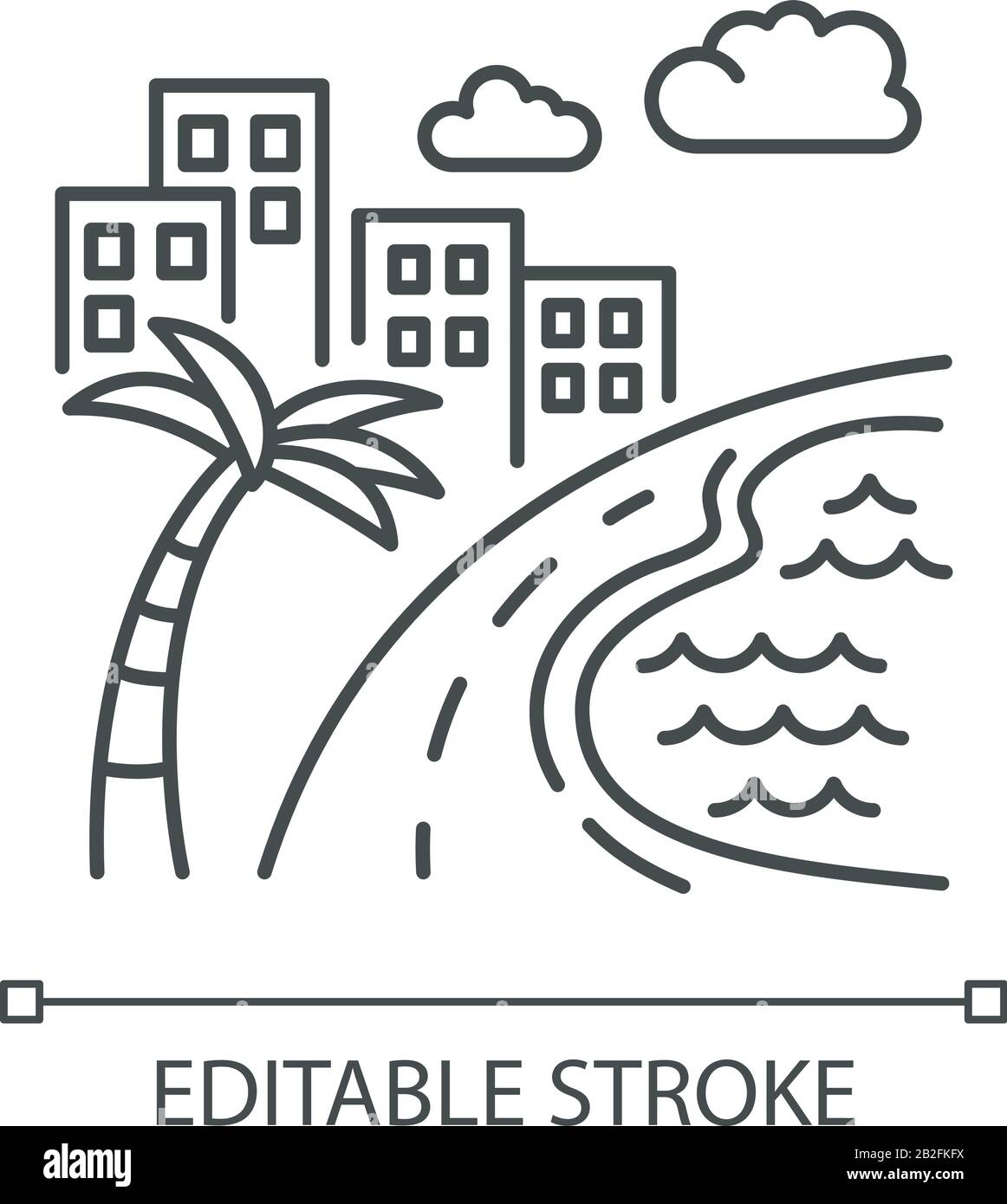 Brazil ocean beach pixel perfect linear icon. Skyscrapers and pond ...