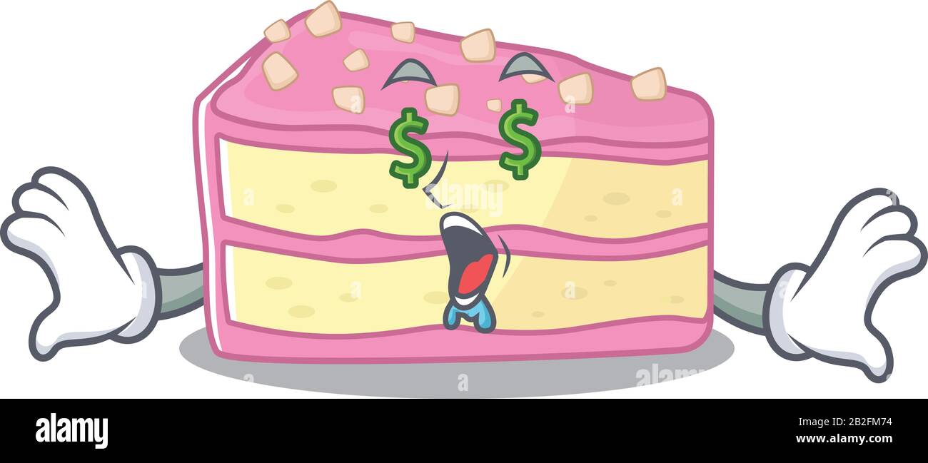Happy rich strawberry slice cake cartoon character with Money eye Stock ...