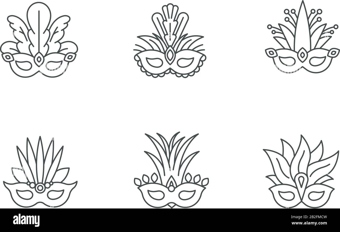 Masquerade masks pixel perfect linear icons set. Traditional headwear ...