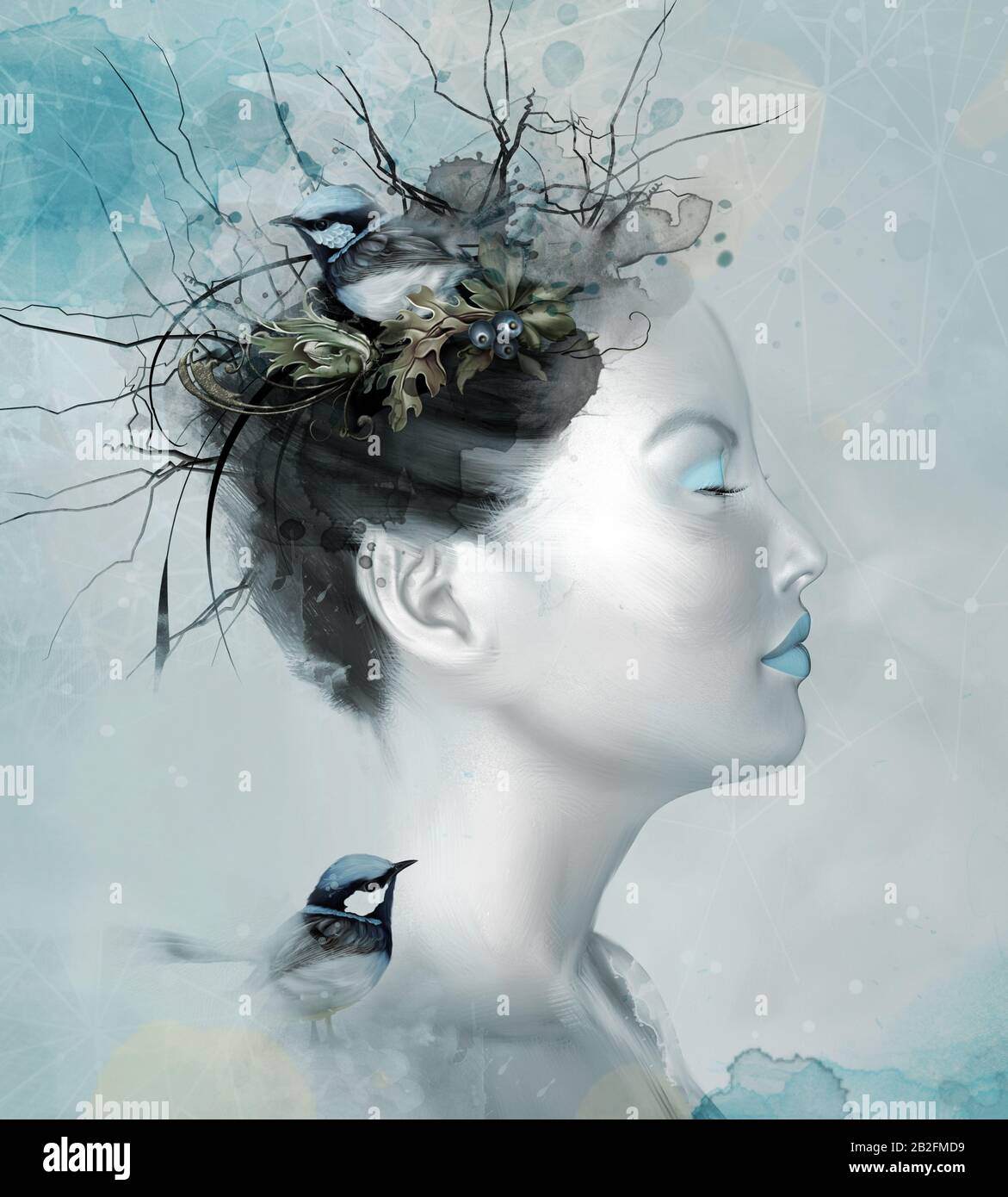 Watercolor surreal portrait of a woman profile with lovely birds Stock ...