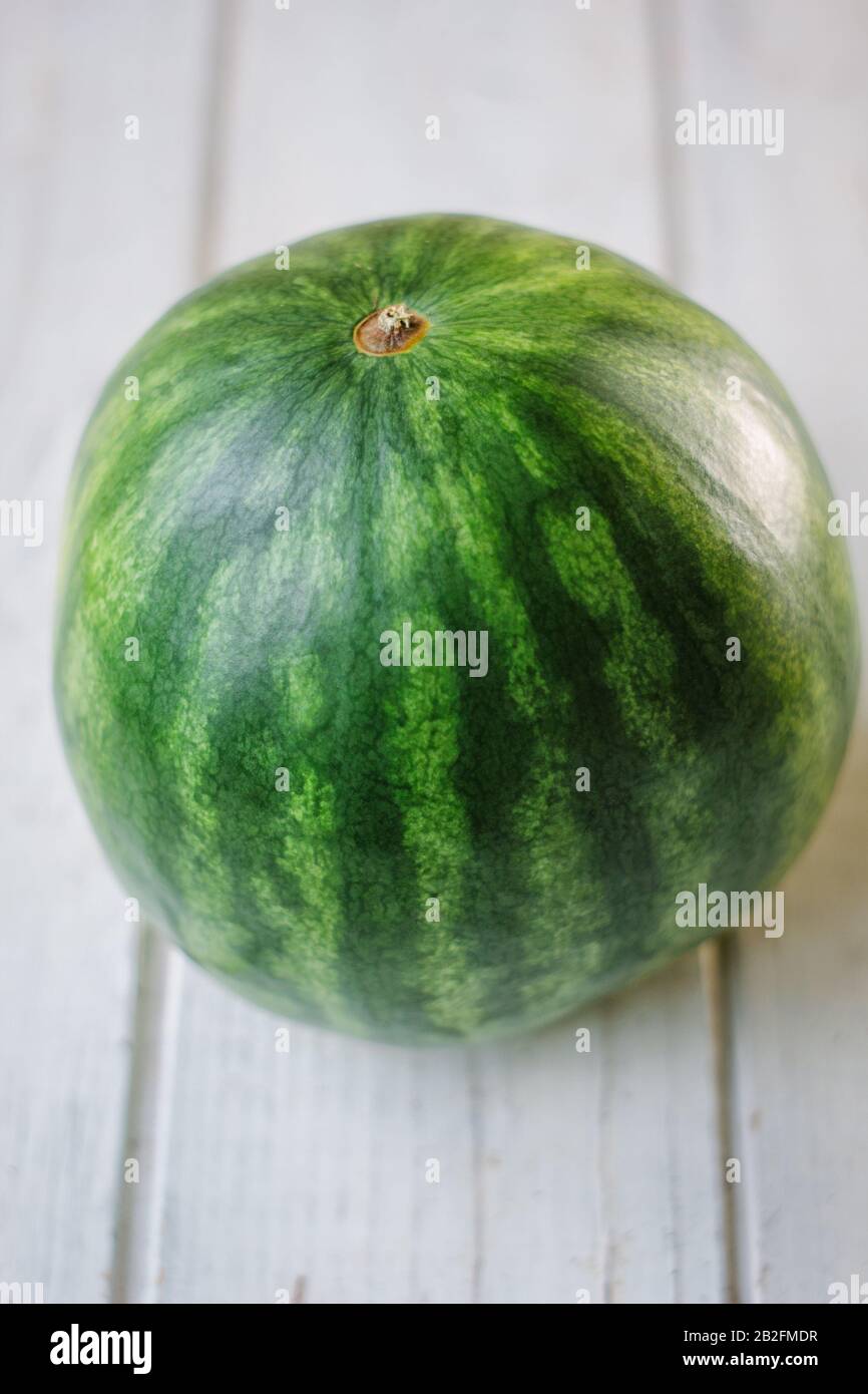 Whole undivided watermelon on white background. Small green watermelon ...