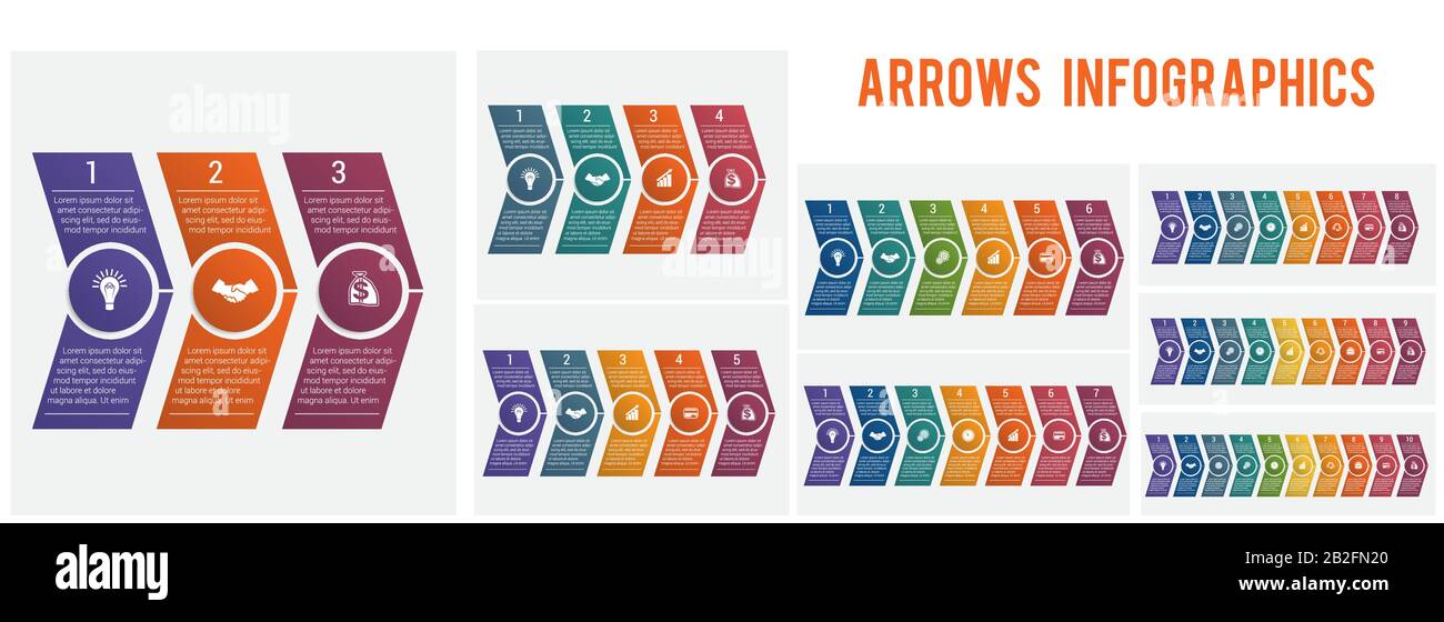 Horizontal numbered color arrows. Text template infographic for 3 4 5 6 ...