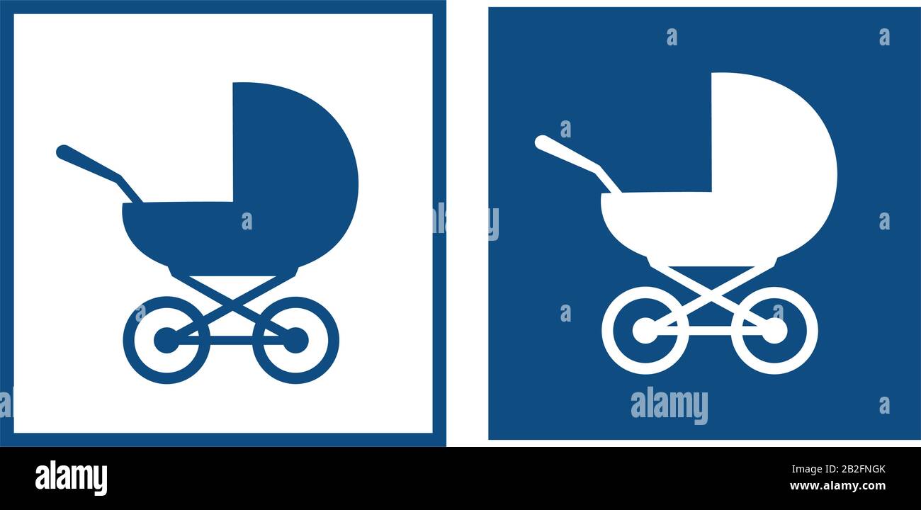 Baby stroller. The symbol is located in a square frame. Vector blue ...