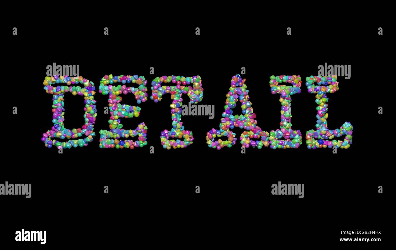 DETAIL: 3D illustration of the text made of small objects over a black ...