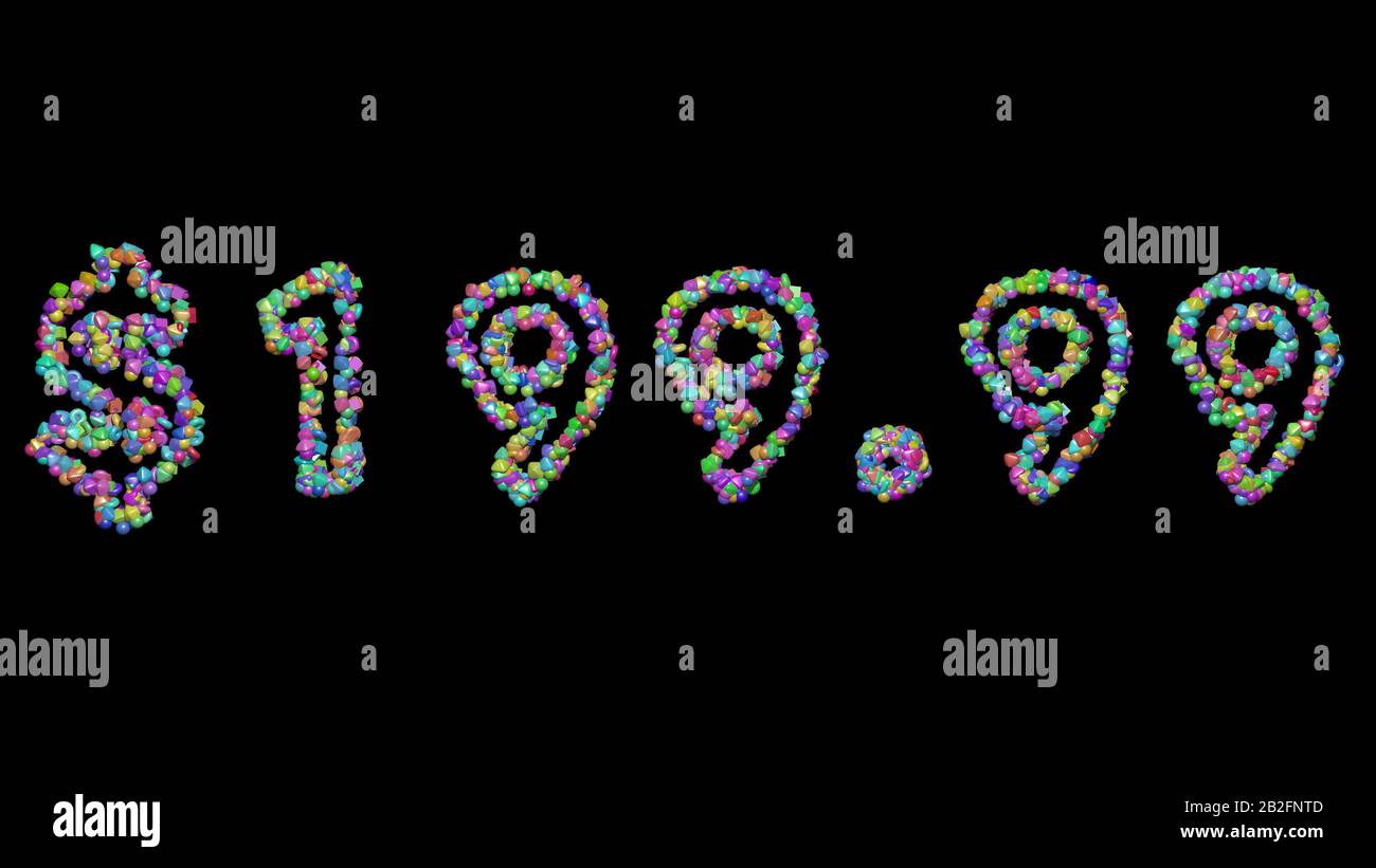 Colorful 3D writting of $199.99 text with small objects over a dark ...
