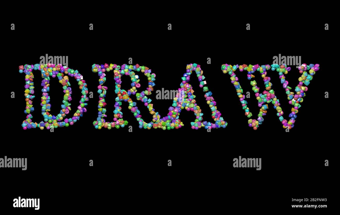 Draw: 3D illustration of the text made of small objects over a black ...
