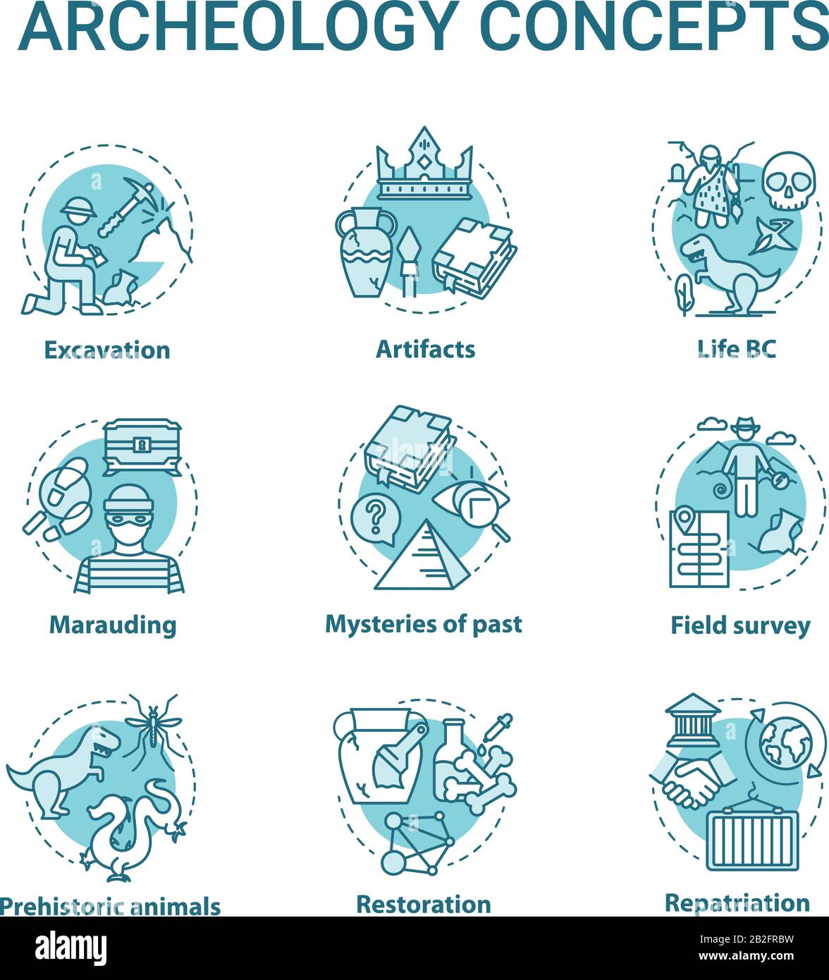 Archelogy concept icons set. Studying history of ancient artifacts ...