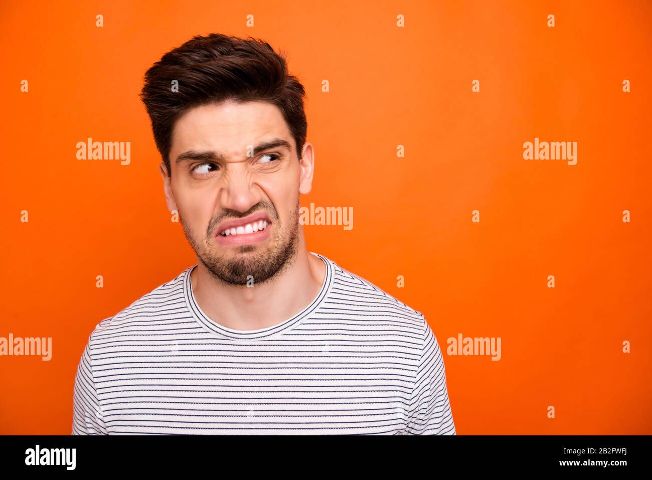 Ugh. I won't eat this. Closeup photo of disgusted guy look side empty ...