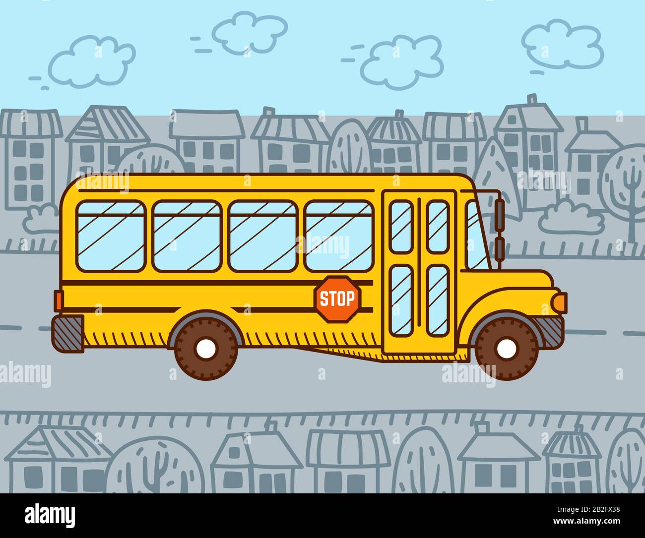 Welcome back to school illustration. Yellow school bus rides in the ...