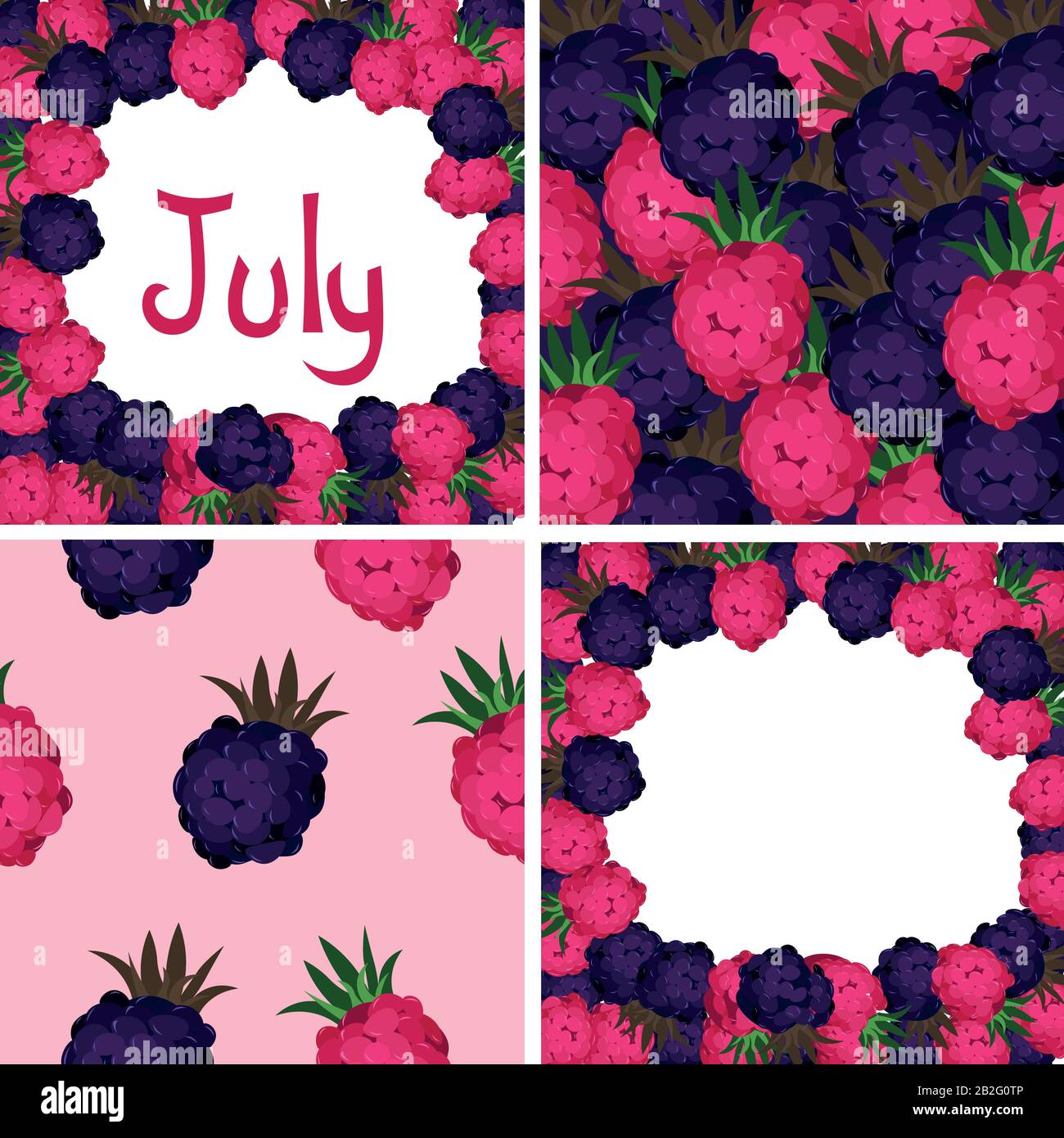 Berry set of patterns and frames. July, raspberry, blackberry. Design ...