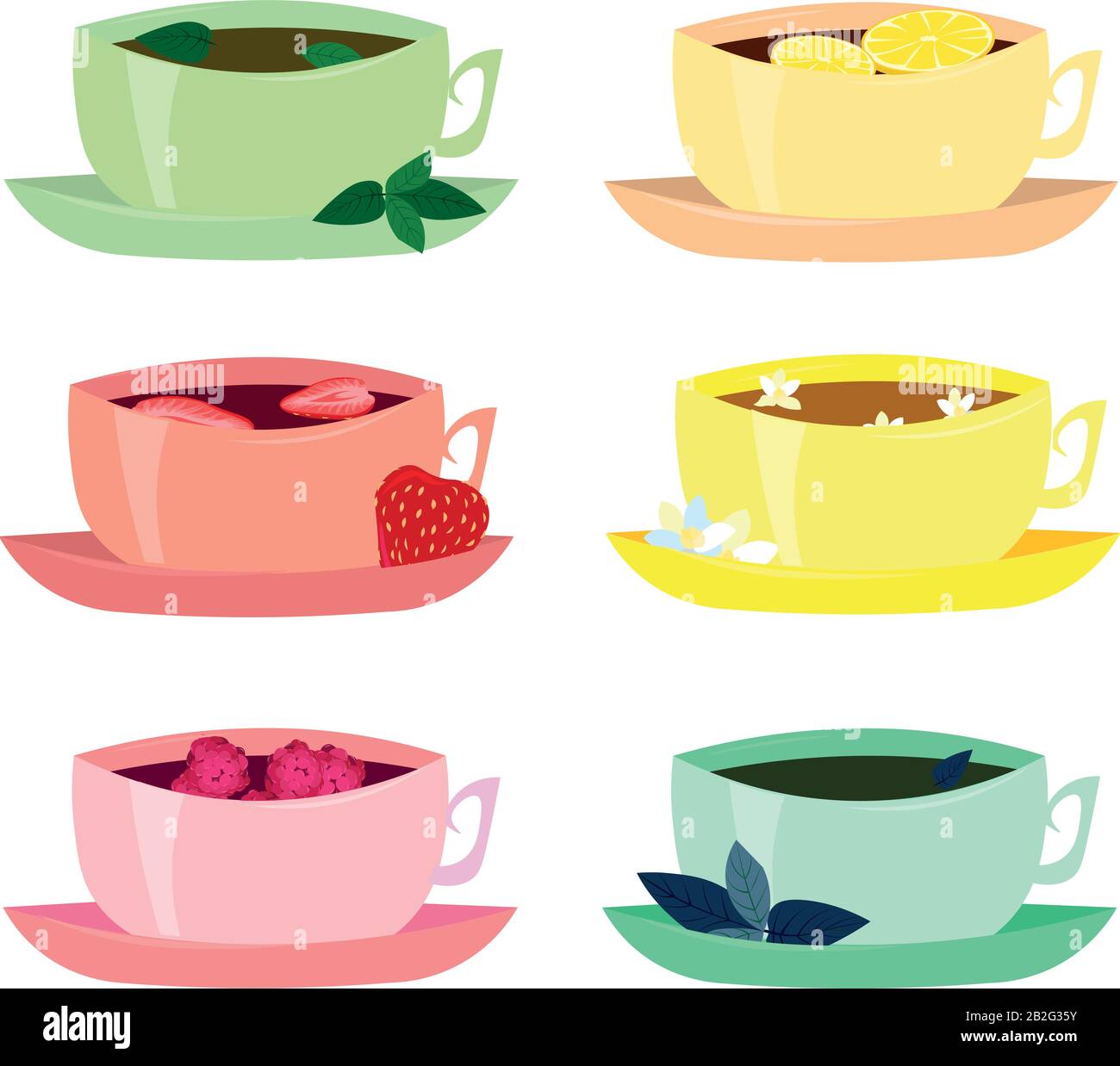 Set of cups of tea: herbal, berry, vanilla. Bright menu design, cafe ...