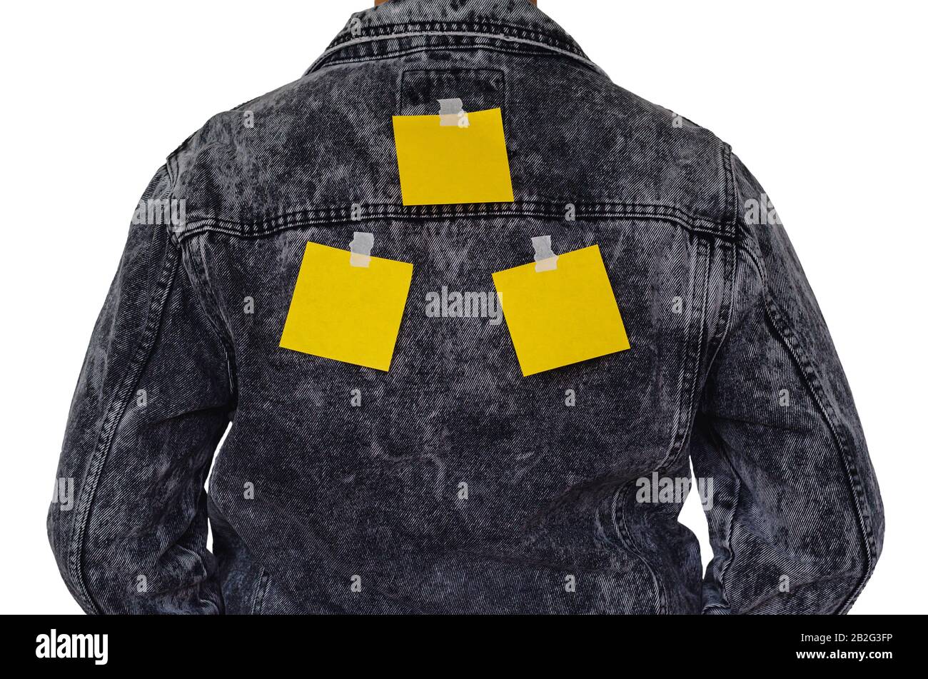The blank yellow notes on sticky tape of the man back side with empty ...