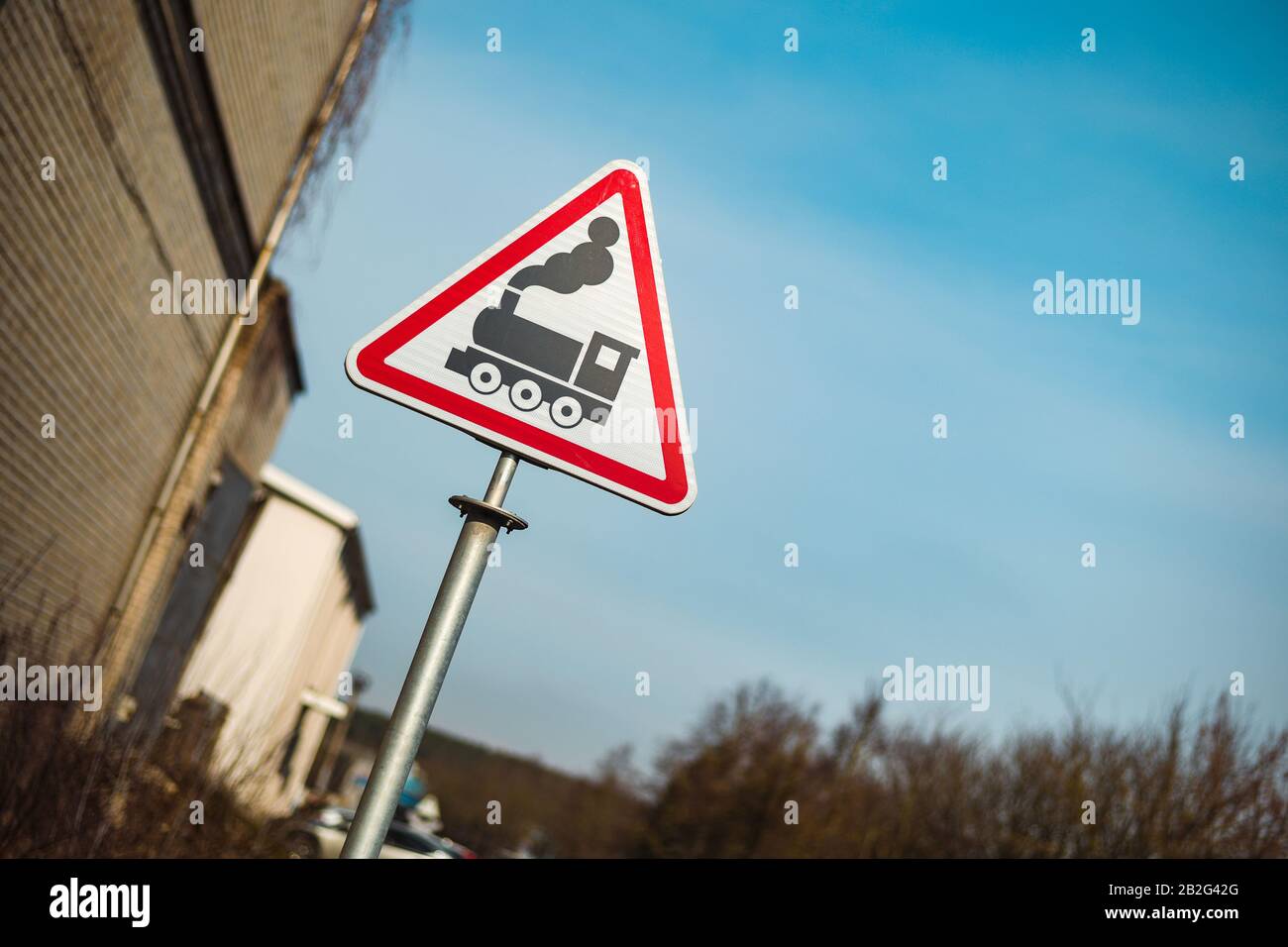 A train symbol road sign Stock Photo - Alamy