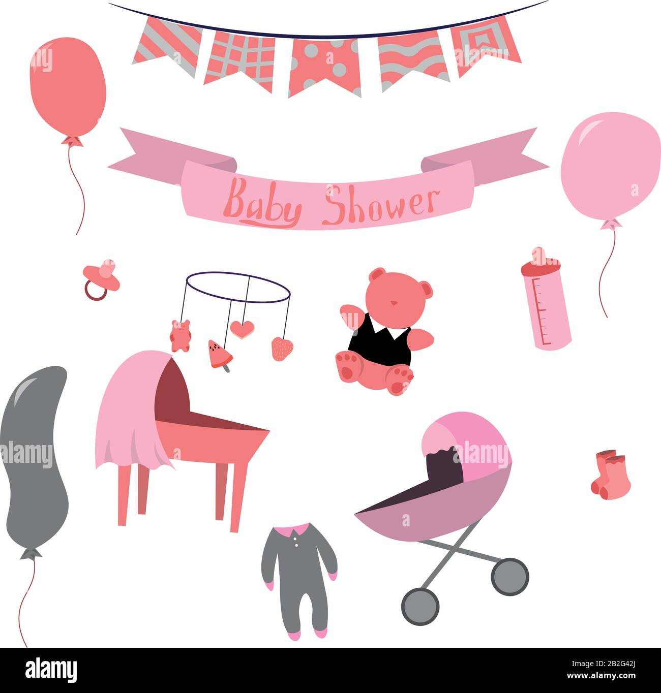 Set of items for a newborn in pink style. Design elements for cards ...