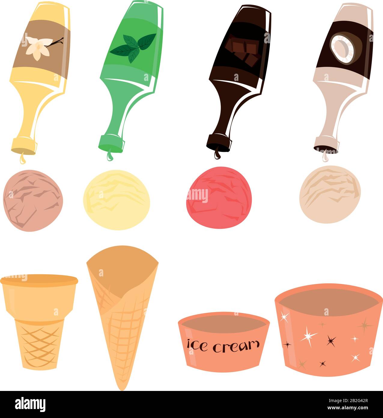 Set of ice cream and dessert ingredients. Syrups, toppings. Cafe design ...