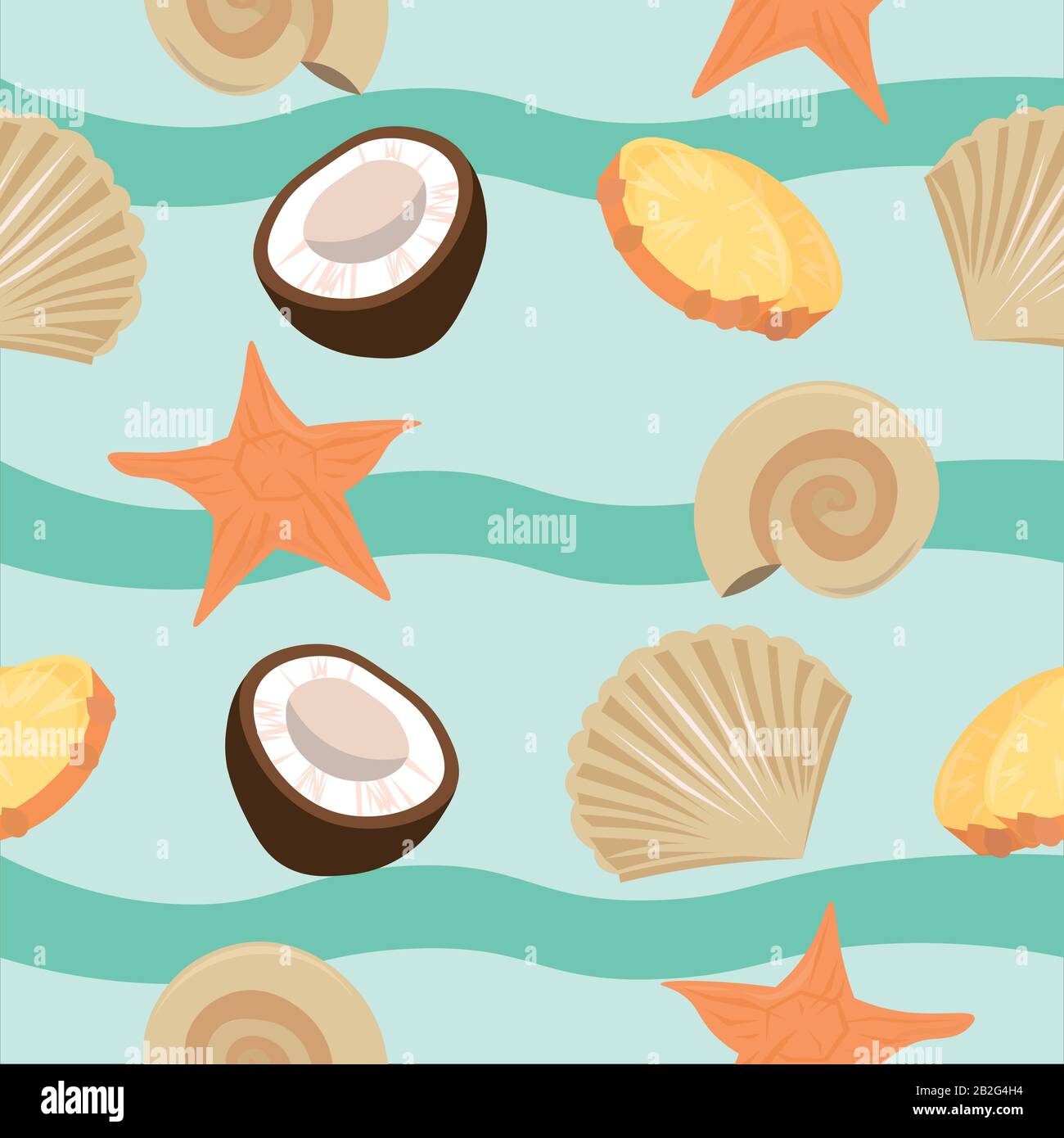 Vector summer beach background. Seashells, starfish, coconut, pineapple ...