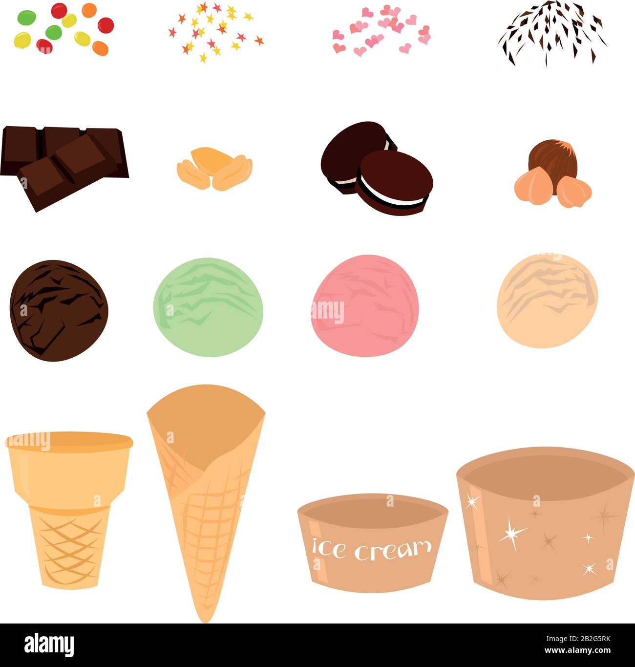 Set of ice cream and dessert ingredients. Chocolate, nuts, cookies ...