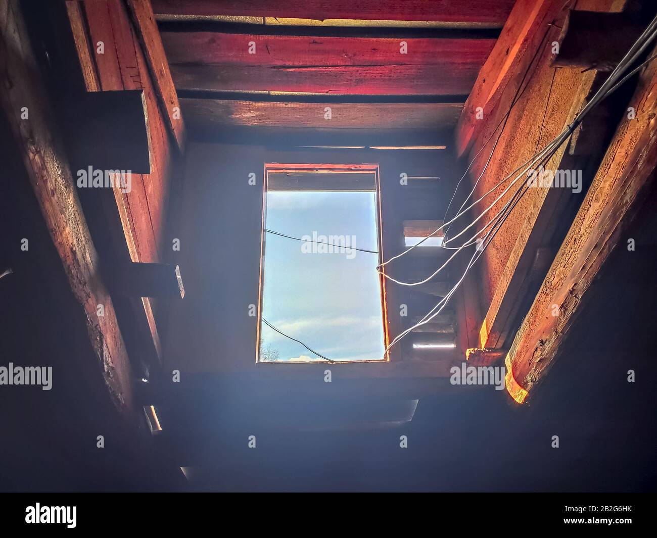 Old window with wires. View on sky from window. Vintage abstract ...